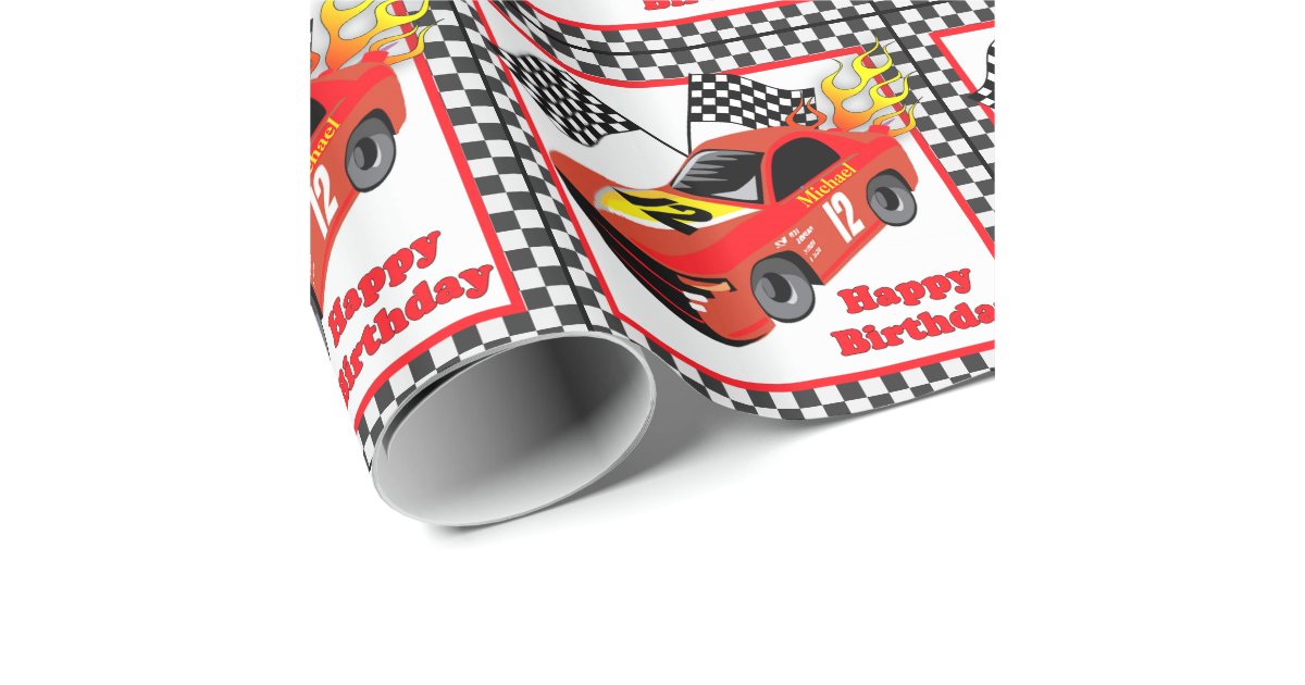 Red Race Car Personalized Birthday Gift Wrapping Paper | Zazzle