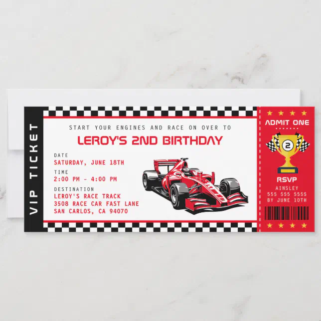 Red Race Car Ticket Pass Boy Birthday Party Invitation | Zazzle