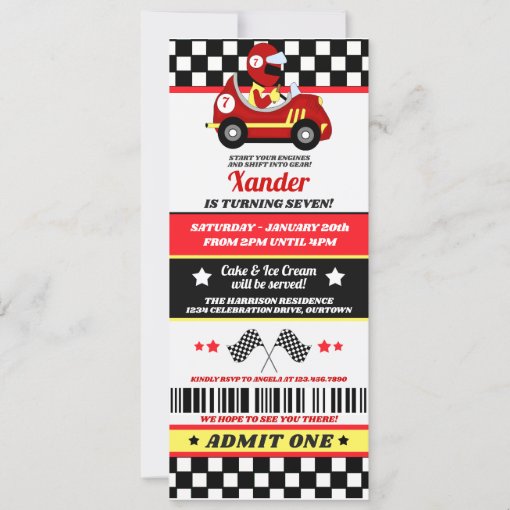 Red Race Car Ticket Style Birthday Party Invitation | Zazzle