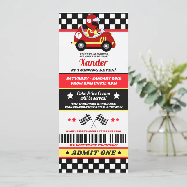 Red Race Car Ticket Style Birthday Party Invitation | Zazzle