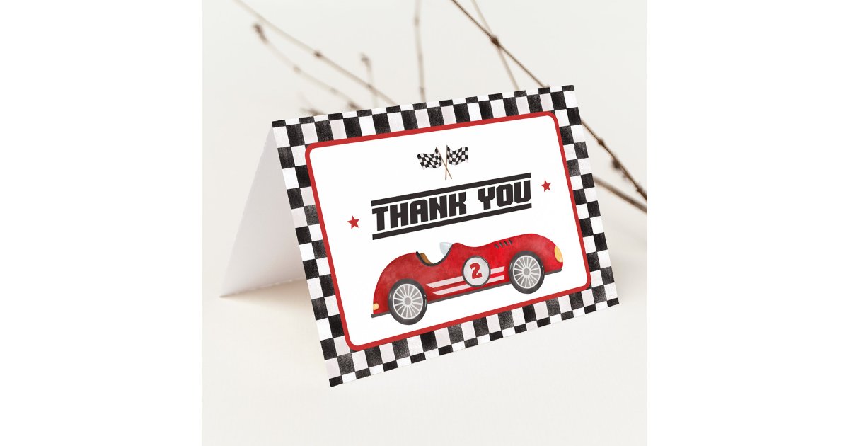Red Race Car Two Fast Boy Birthday Party Thank You Card | Zazzle