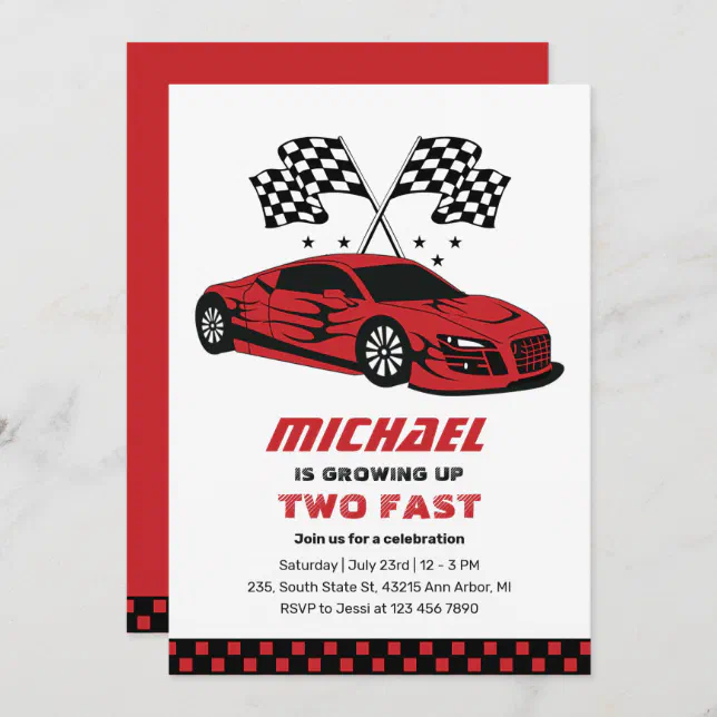 Red Race Car Two Fast Boys 2nd Birthday Invitation | Zazzle