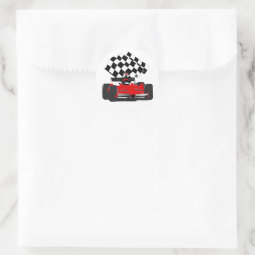 Red Race Car with Checkered Flag Classic Round Sticker | Zazzle