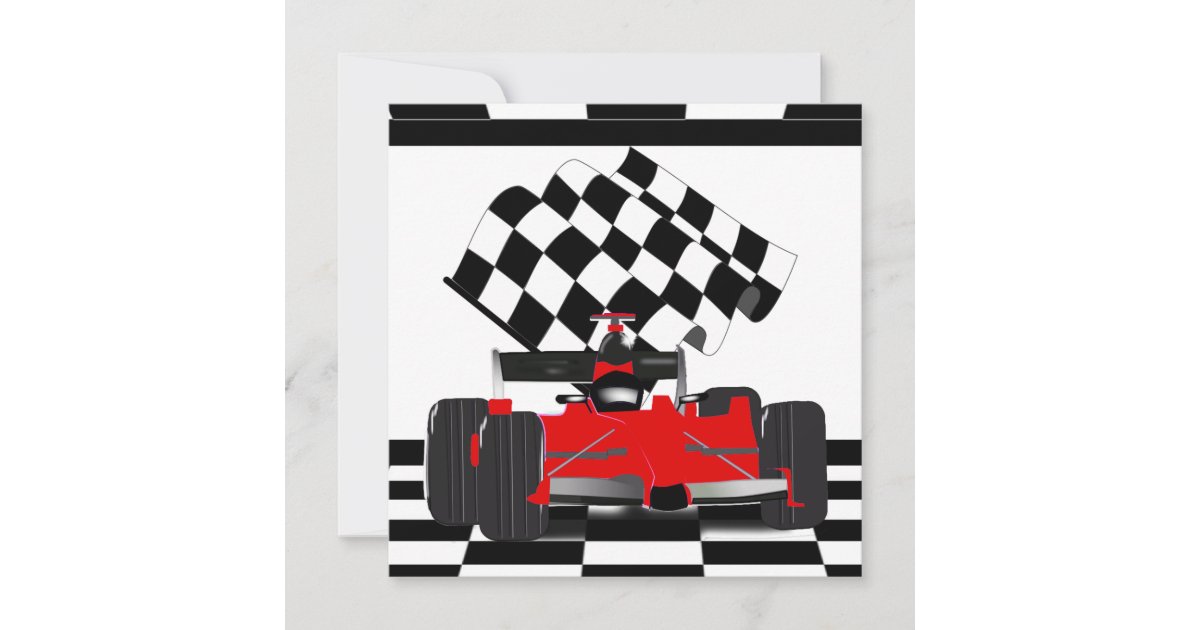 Red Race Car with Checkered Flag Invitation | Zazzle