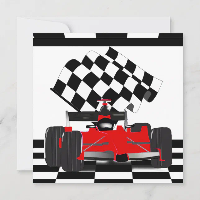 Red Race Car with Checkered Flag Invitation | Zazzle