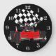 Red Race Car with Checkered Flag Large Clock | Zazzle