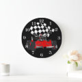Red Race Car with Checkered Flag Large Clock | Zazzle