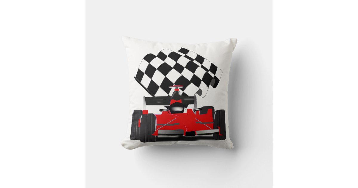 Red Race Car with Checkered Flag Throw Pillow | Zazzle