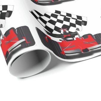 Red Race Car with Checkered Flag Wrapping Paper | Zazzle