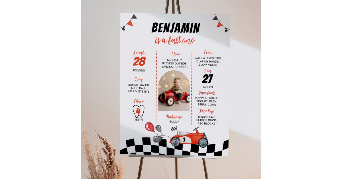 Red Racing Car 1st Birthday Photo Milestone Poster | Zazzle