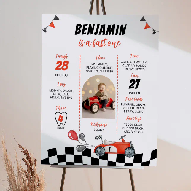 Red Racing Car 1st Birthday Photo Milestone Poster | Zazzle