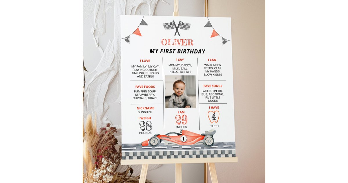 Red Racing Car 1st Birthday Photo Milestone Poster | Zazzle