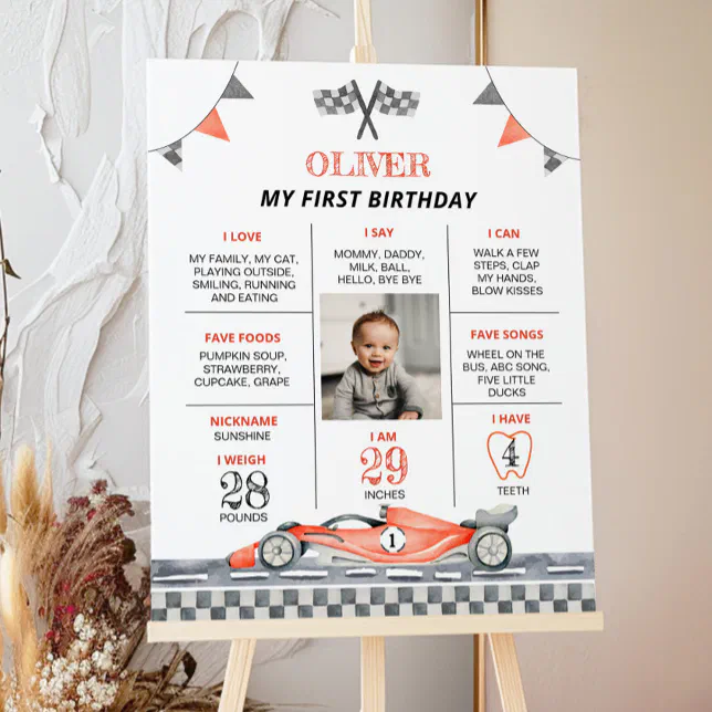 Red Racing Car 1st Birthday Photo Milestone Poster | Zazzle