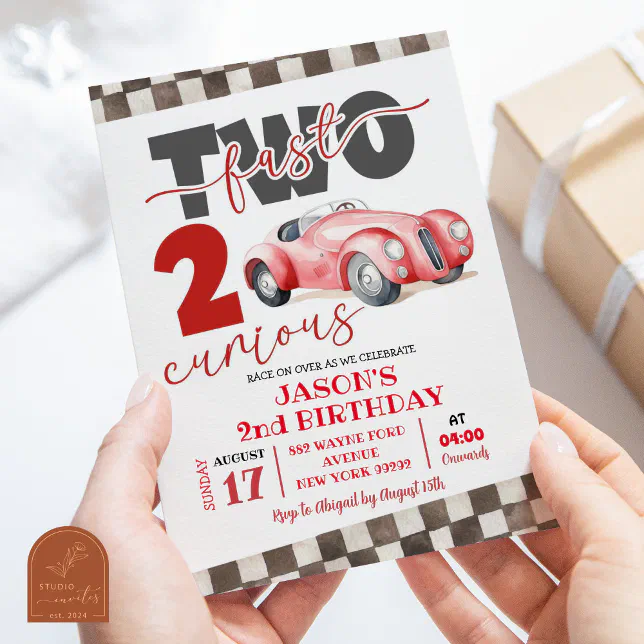Red Racing Car Two Fast Two Curious 2nd Birthday Invitation | Zazzle