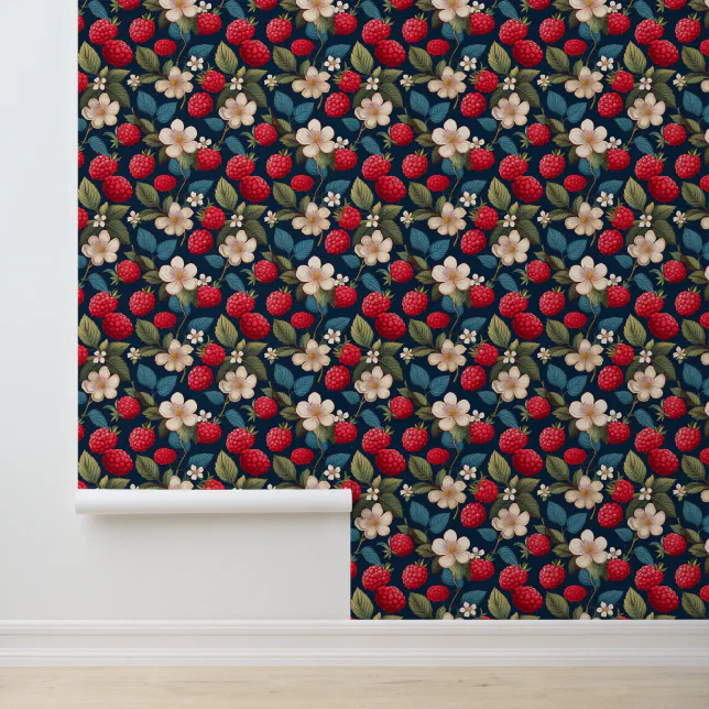 Red Raspberries Floral Fruit Blossoms on Dark Blue Wallpaper | Zazzle