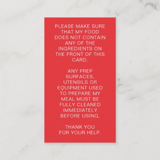 Red Restaurant Food Allergy Alert Kid's Calling Card | Zazzle