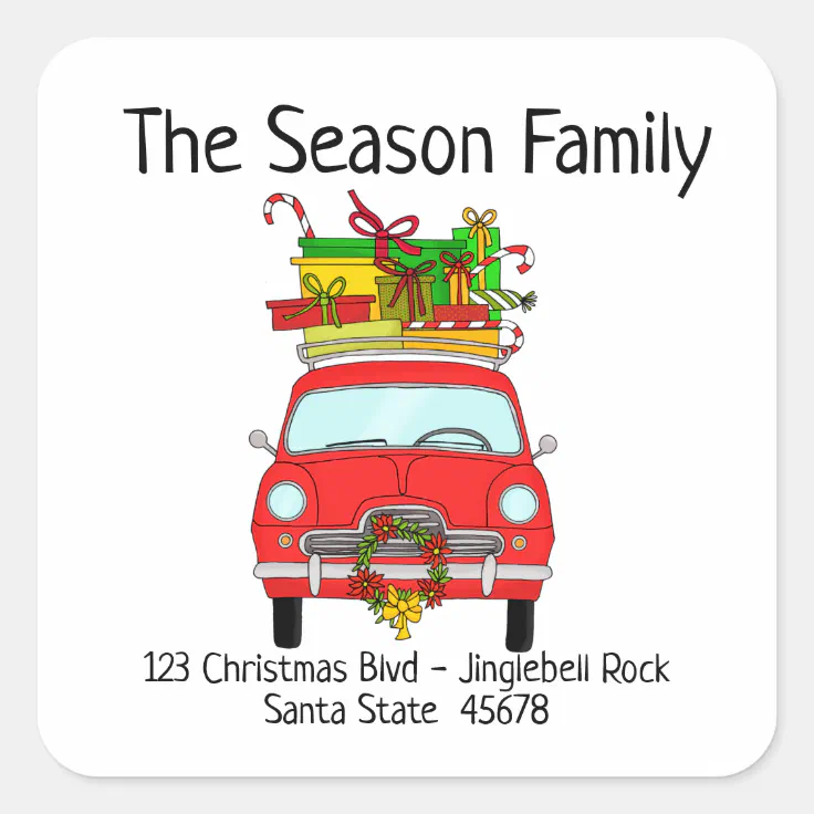 Red Retro Car Christmas Gifts Square Sticker | Zazzle
