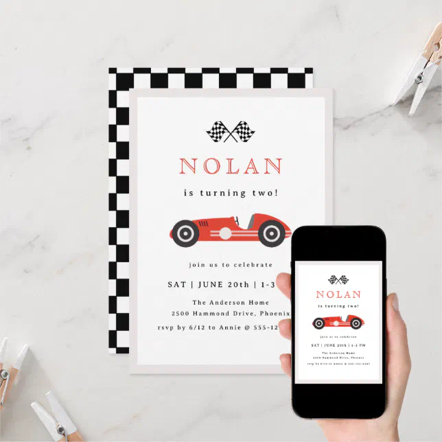 Red Retro Race Car Theme Birthday Invitation | Zazzle