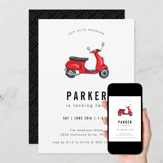 Red Retro Scooter Theme Birthday Invitation | Zazzle