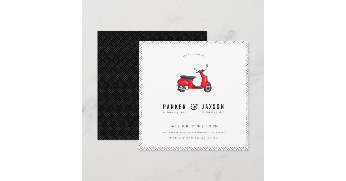 Red Retro Scooter Theme Joint Birthday Invitation | Zazzle