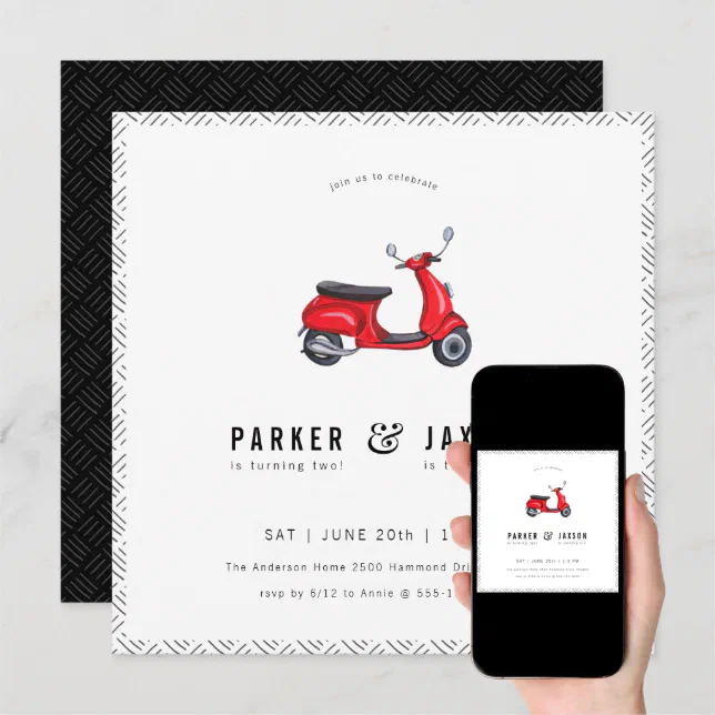 Red Retro Scooter Theme Joint Birthday Invitation | Zazzle