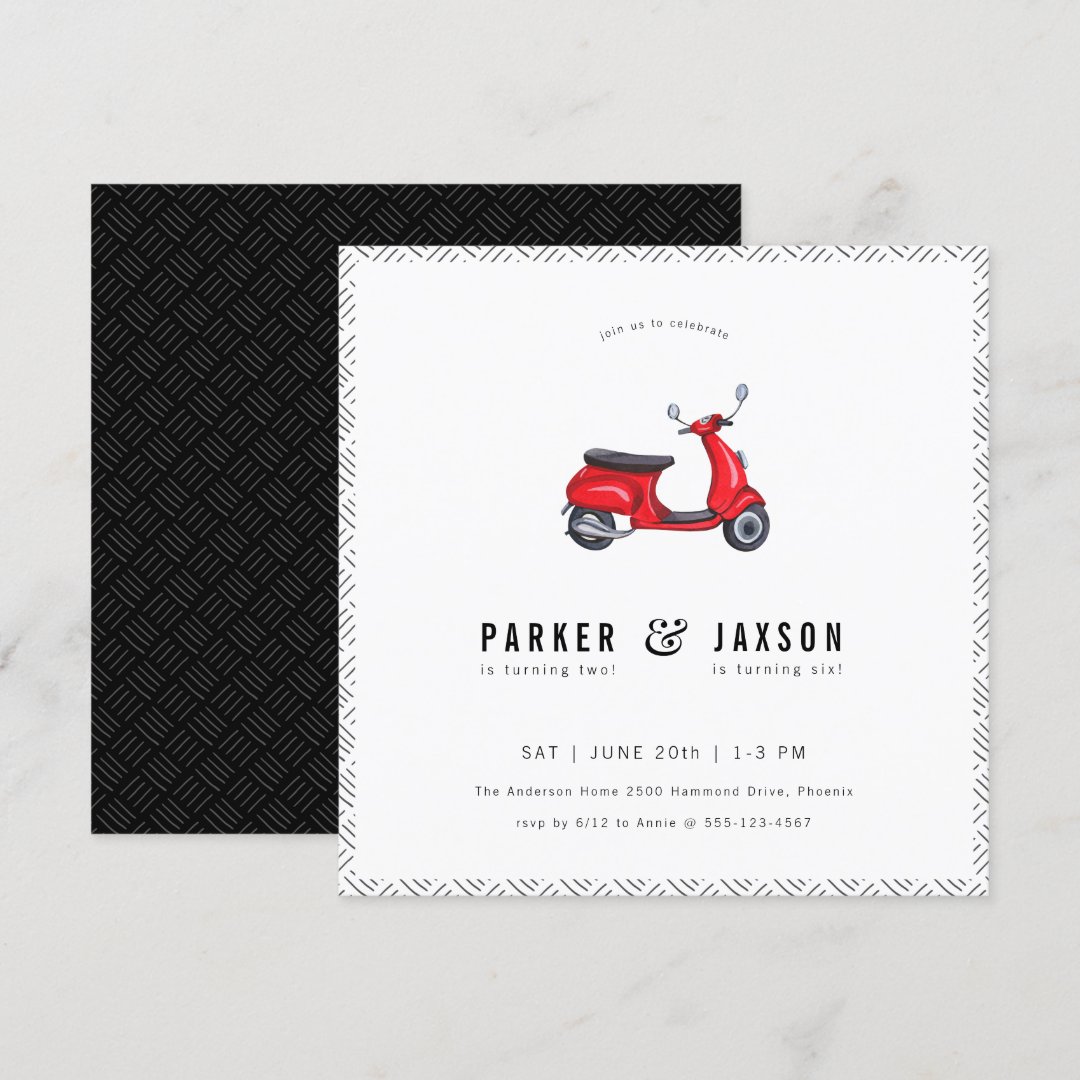 Red Retro Scooter Theme Joint Birthday Invitation | Zazzle
