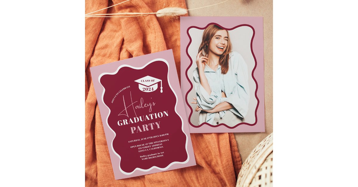 Red retro wavy frame photo graduation invitation | Zazzle