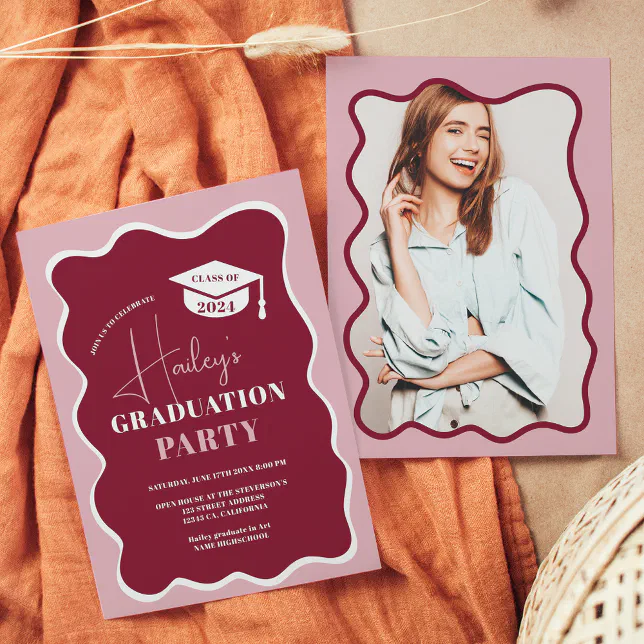 Red retro wavy frame photo graduation invitation | Zazzle