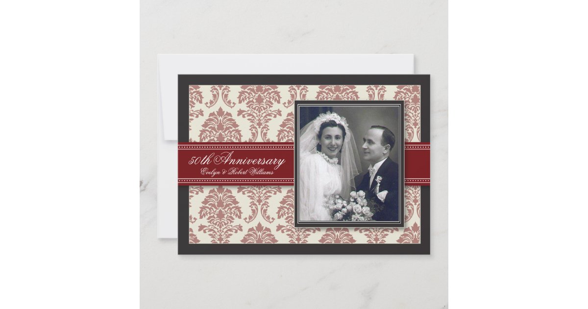 Red Ribbon Damask Anniversary Party Invitation | Zazzle