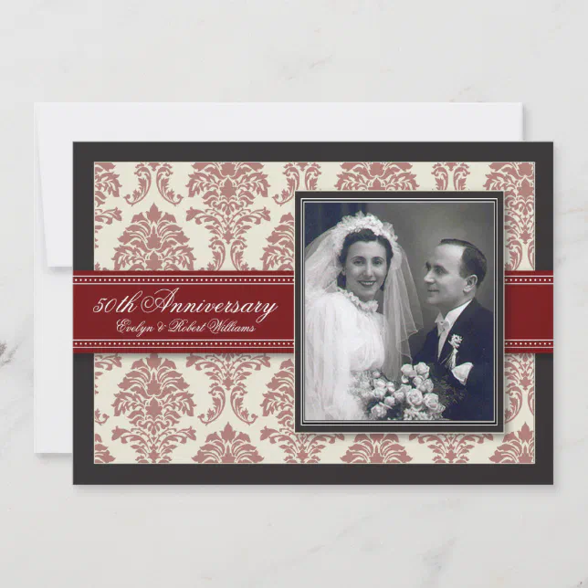 Red Ribbon Damask Anniversary Party Invitation | Zazzle