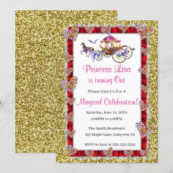 Red Ribbon Gold Glitter Royal Princess Birthday Invitation | Zazzle