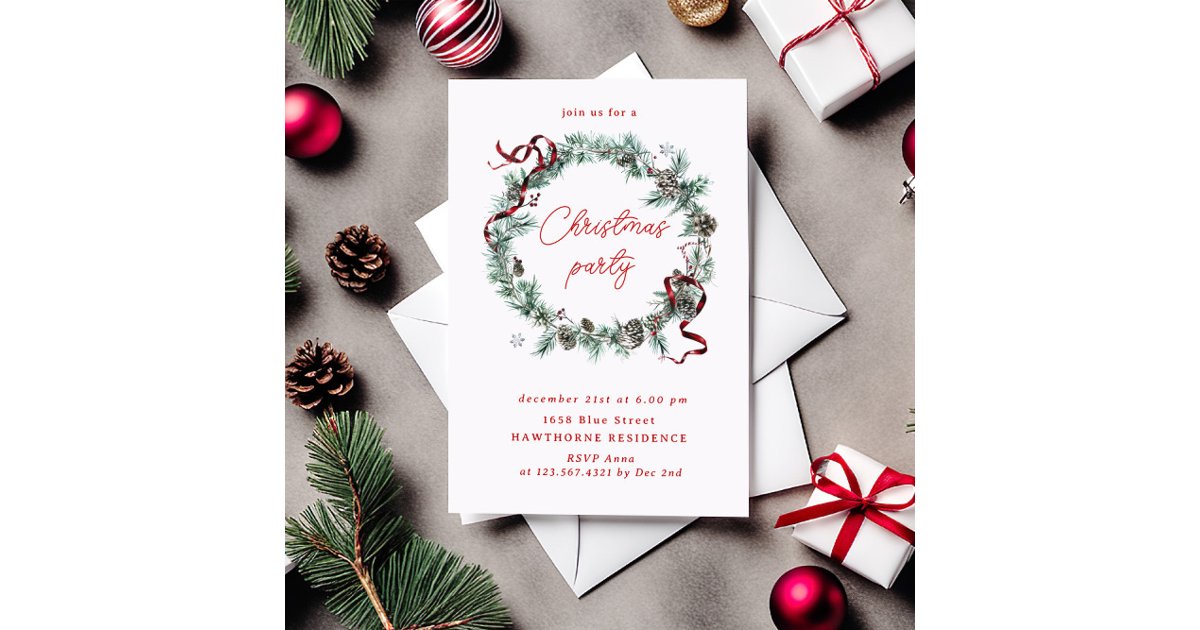 Red Ribbon Greenery Wreath Christmas Party Invitation | Zazzle