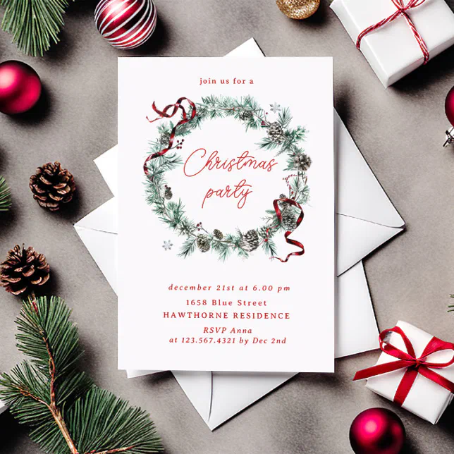 Red Ribbon Greenery Wreath Christmas Party Invitation Zazzle