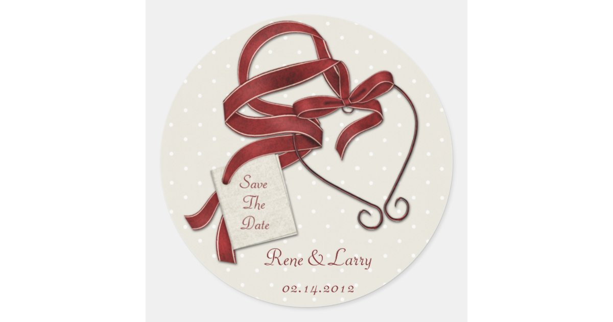 Red Ribbon Heart Save The Date Sticker | Zazzle