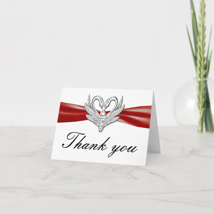 Red Ribbon Silver Swans Thank You Card | Zazzle