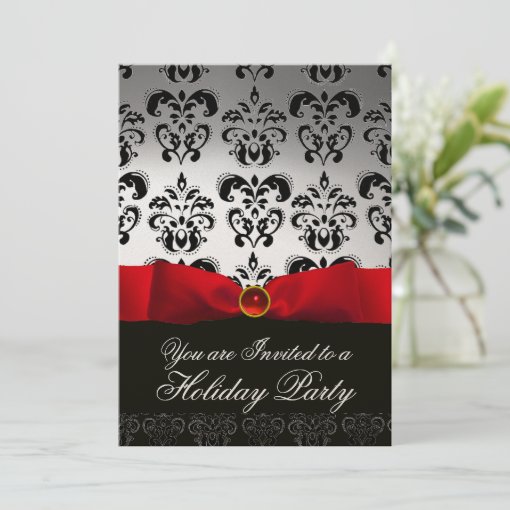RED RIBBON WHITE BLACK DAMASK HOLIDAY PARTY Ruby Invitation | Zazzle
