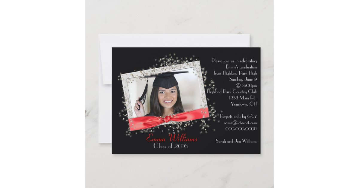 Red Ribbon with Glitter Graduation Invitation | Zazzle