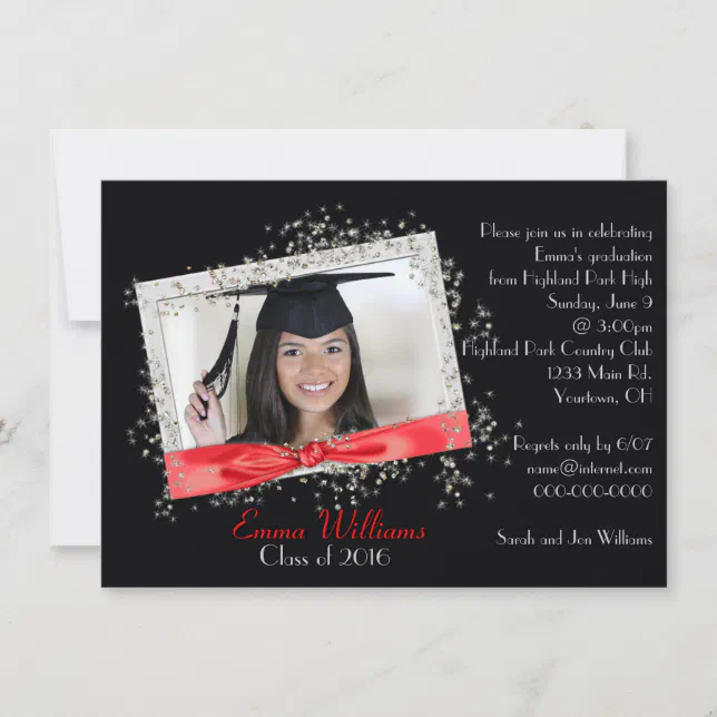 Red Ribbon with Glitter Graduation Invitation | Zazzle