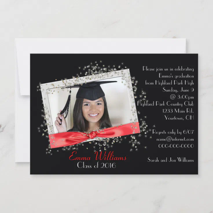 Red Ribbon with Glitter Graduation Invitation | Zazzle