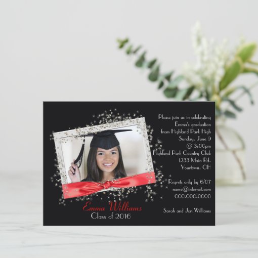 Red Ribbon with Glitter Graduation Invitation | Zazzle