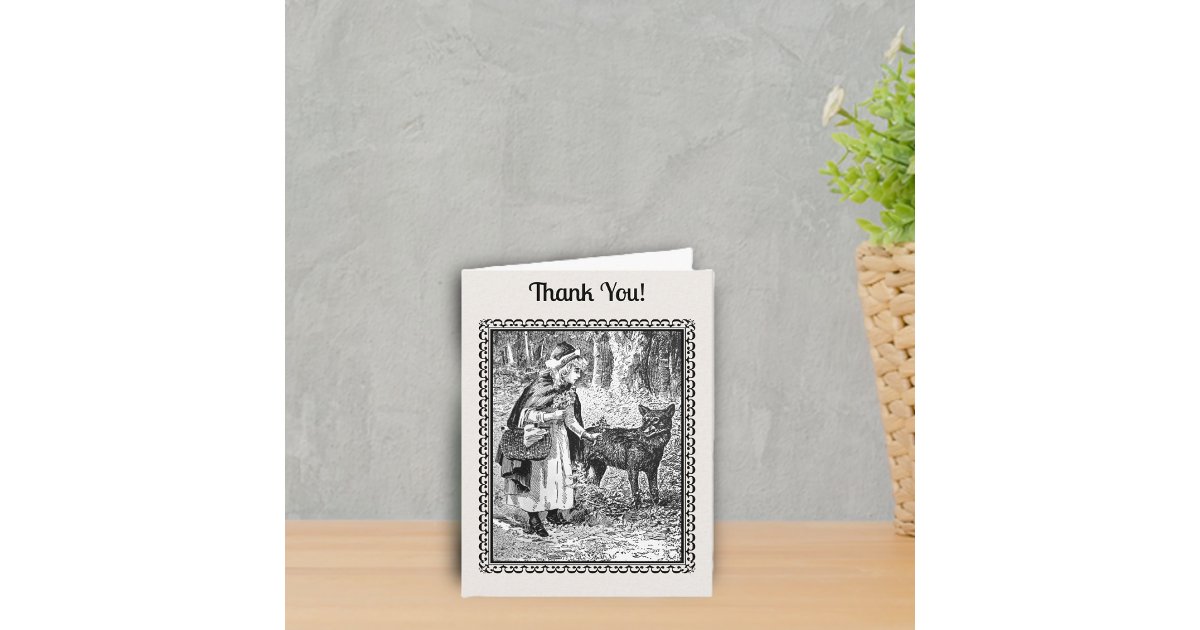 Red Riding Hood Wolf Under Trees Black White Thank You Card | Zazzle