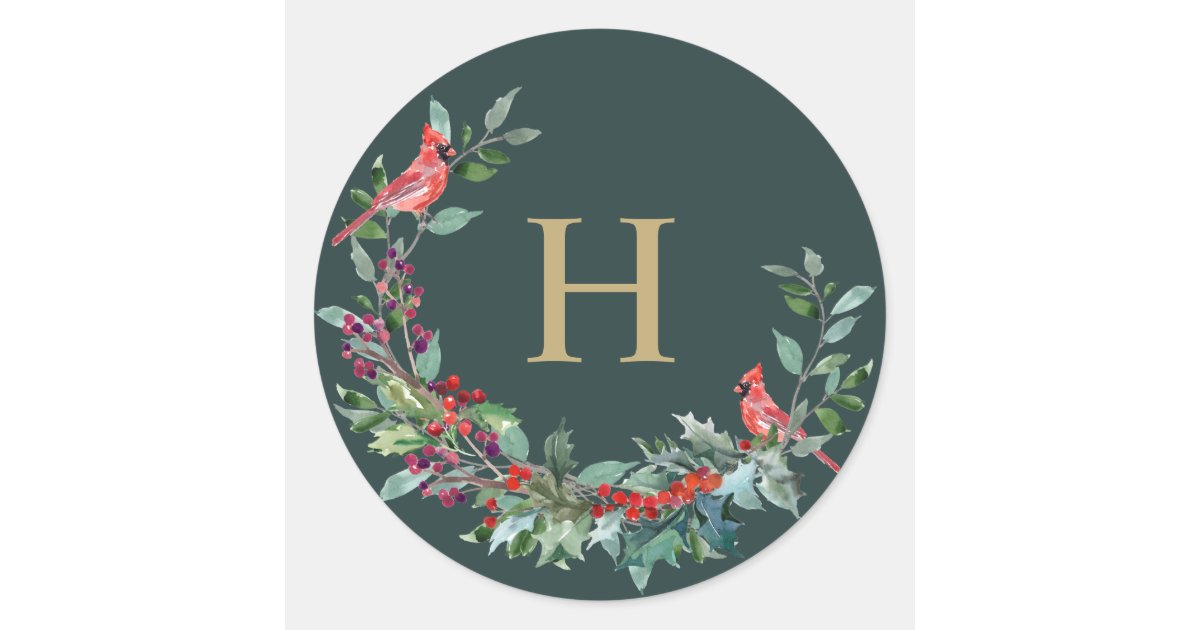 Red Robin Holiday Wreath Monogram Stickers | Zazzle