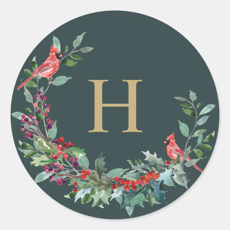 Red Robin Holiday Wreath Monogram Stickers | Zazzle