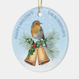 Red robin, holly, Christmas bells Ceramic Ornament | Zazzle