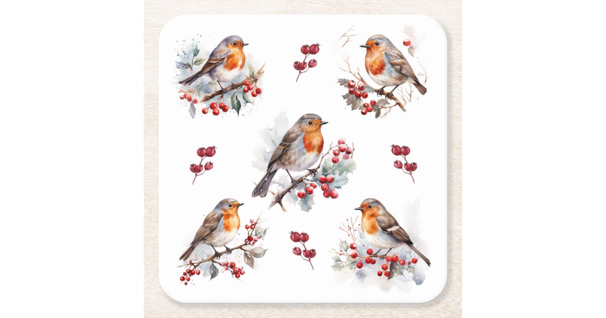 Red Robin Holly Christmas Square Paper Coaster | Zazzle