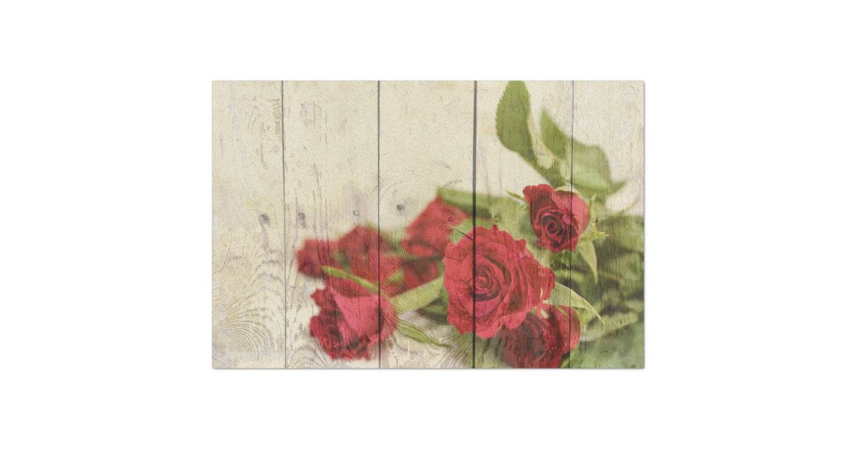 Red Romantic Roses Rustic Wood Decoupage Tissue Paper | Zazzle