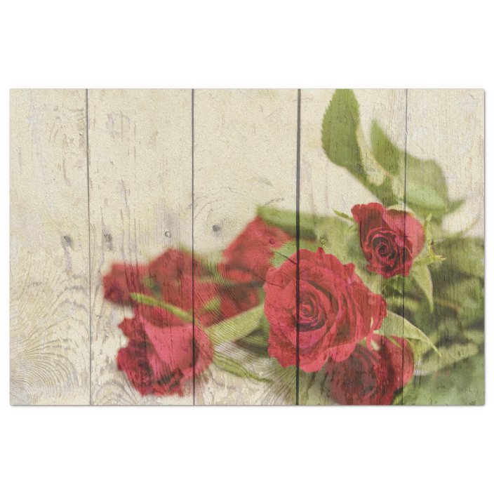 Red Romantic Roses Rustic Wood Decoupage Tissue Paper | Zazzle.com