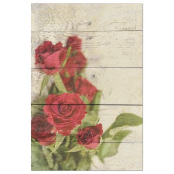 Red Romantic Roses Rustic Wood Decoupage Tissue Paper | Zazzle