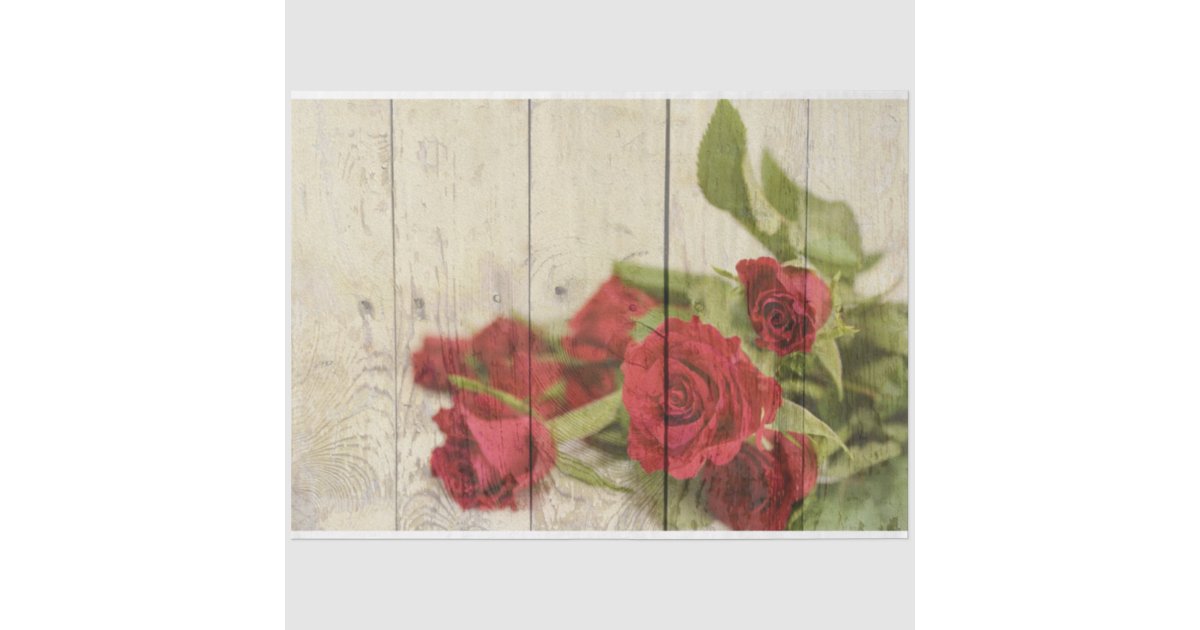 Red Romantic Roses Rustic Wood Decoupage Tissue Paper | Zazzle