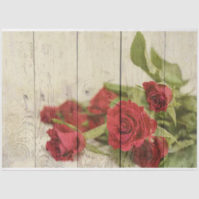 Red Romantic Roses Rustic Wood Decoupage Tissue Paper | Zazzle